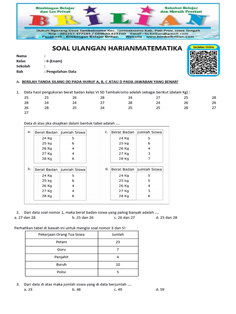 Soal Matematika Kelas 6 SD Bab 7 Pengolahan Data Dan Kunci Jawaban | PDF