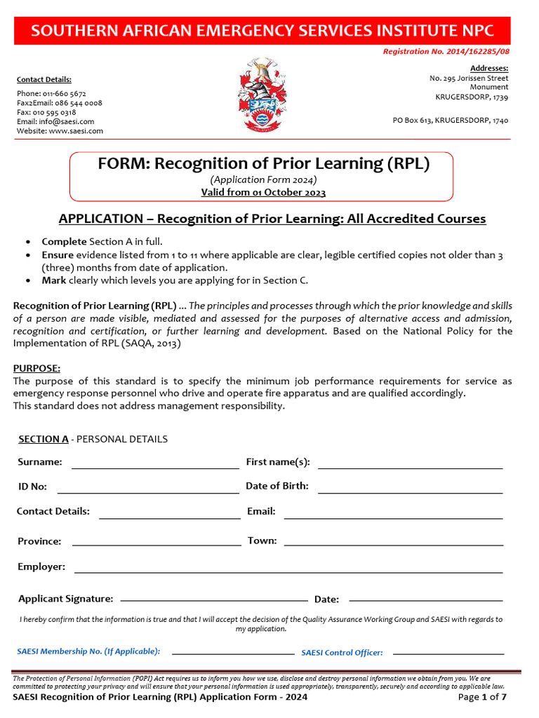New Combined RPL Application Form 2024 | PDF | Firefighter | Dangerous ...