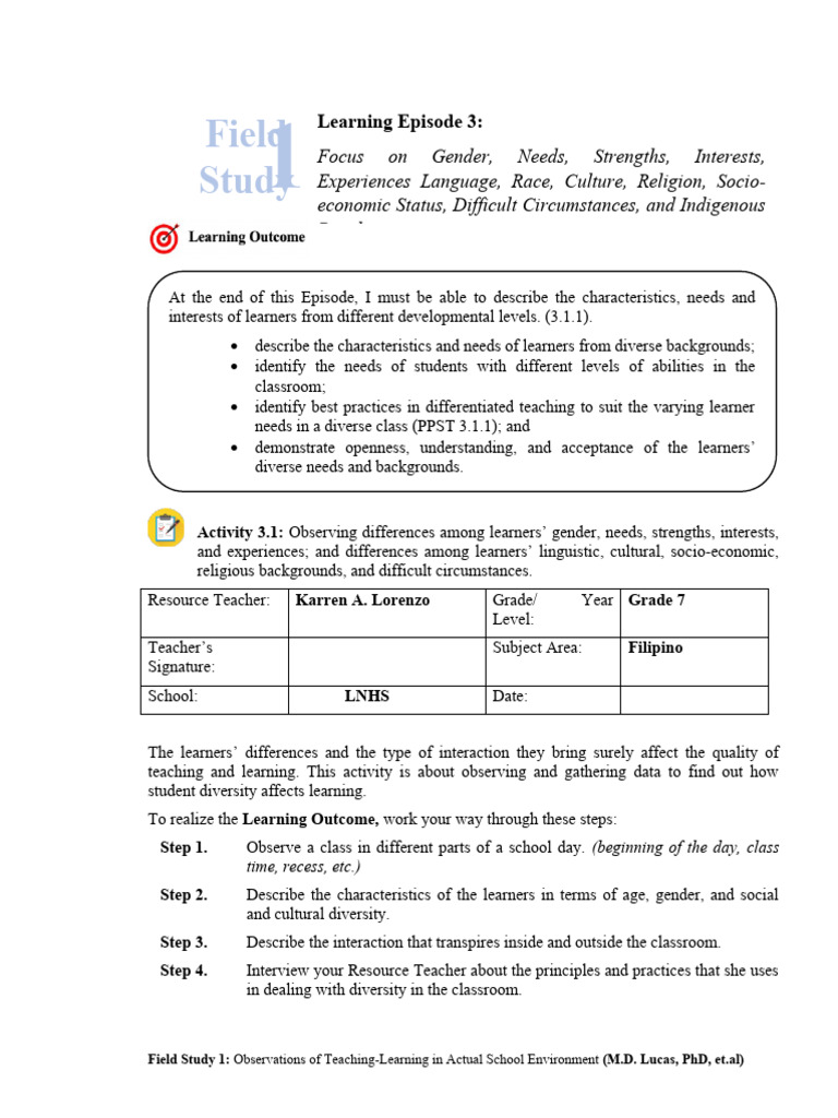 Learning Episode 3 - Field Study1 | PDF | Learning | Differentiated Instruction