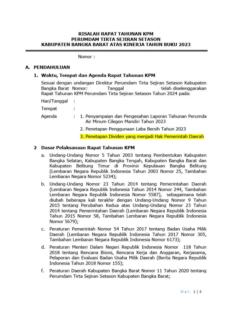 Format Risalah Rapat Tahunan Pdam 2024 | PDF
