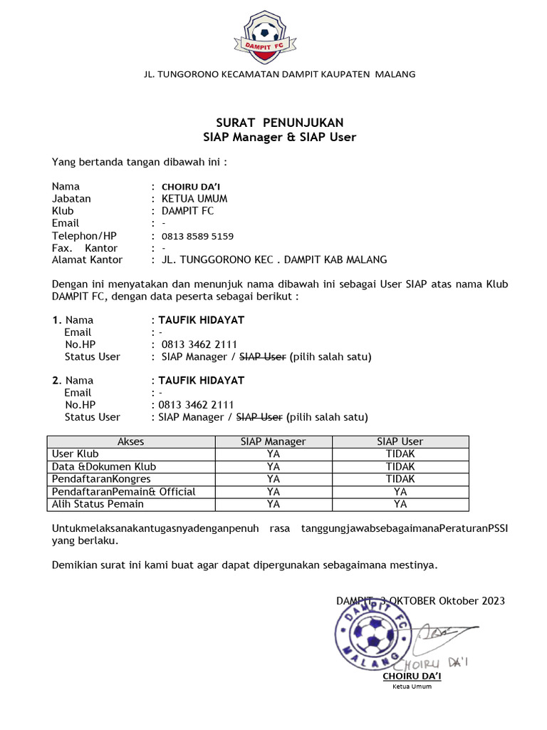 Surat Penunjukan Siap (Klub) Dampit FC | PDF | Olahraga & Rekreasi