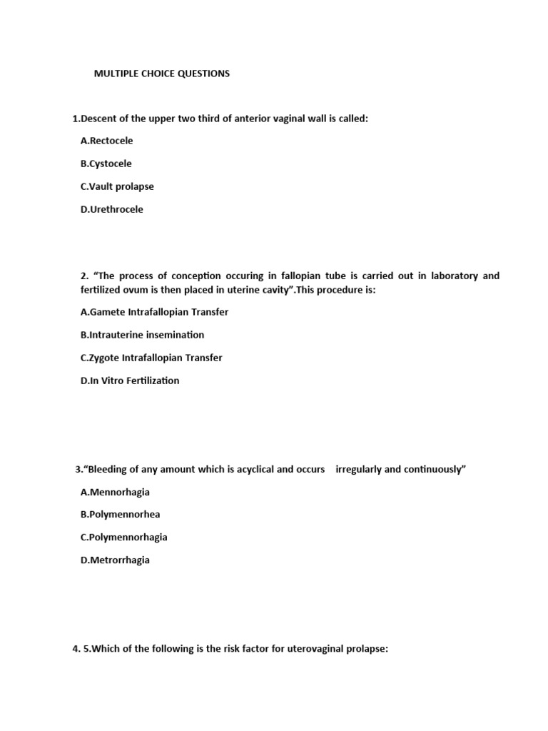 MULTIPLE CHOICE QUESTIONS - Gynae | PDF | Vagina | Uterus