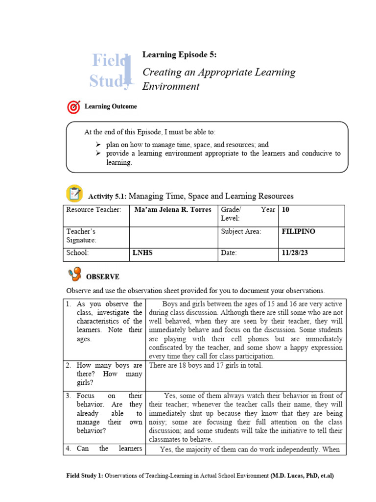 Learning Episode 5 - Field Study 1 | PDF | Learning | Classical ...