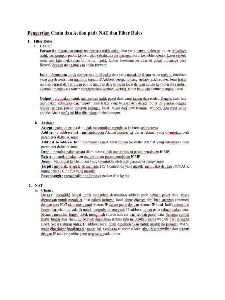 Pengertian Chain Dan Action Pada NAT Dan Filter Rules | PDF
