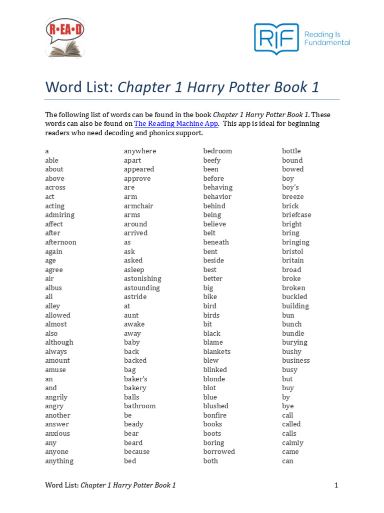 Chapter 1 Word List: Harry Potter | PDF | Harry Potter