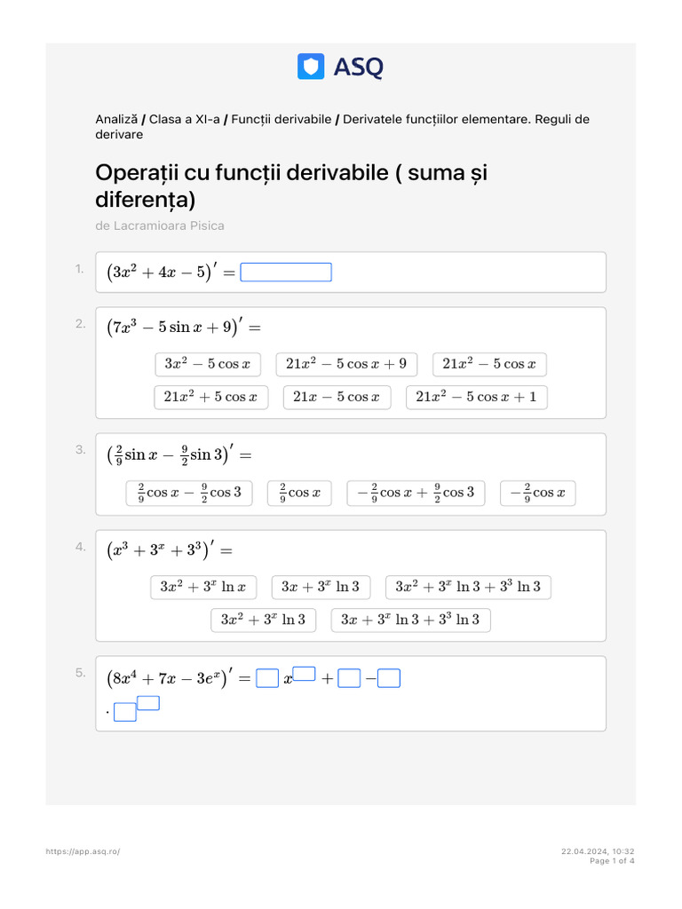 Derivatele funcțiilor elementare | PDF