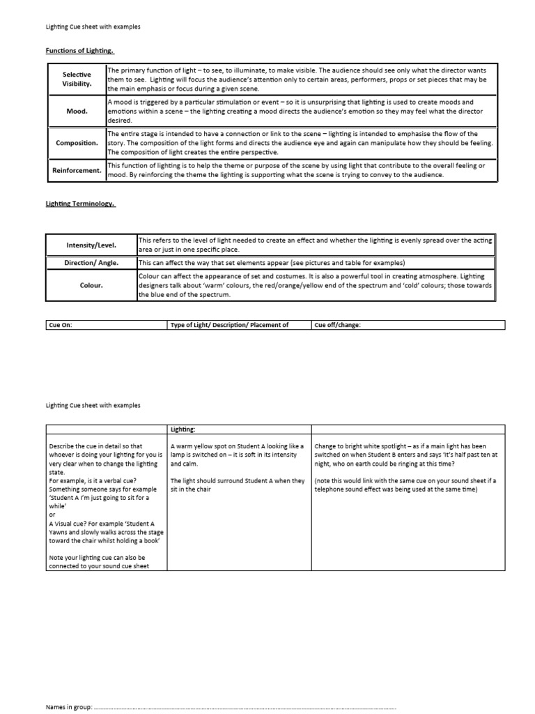 Lighting Cue Sheet and Functions Guide | PDF | Lighting | Composition ...