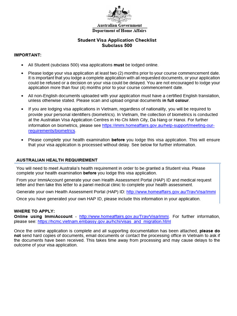 Subclass 500 Student Visa Checklist | PDF | Travel Visa | Identity Document