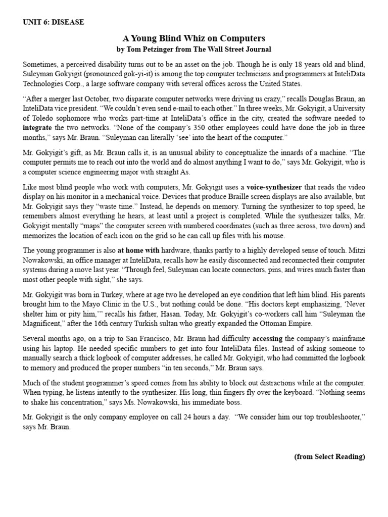 Unit 6 - Reading Task | PDF | Speech Synthesis | Visual Impairment