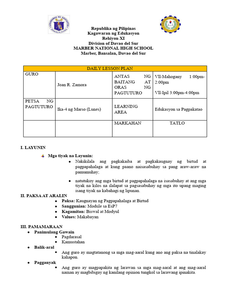 Lesson Plan Sa Esp | PDF