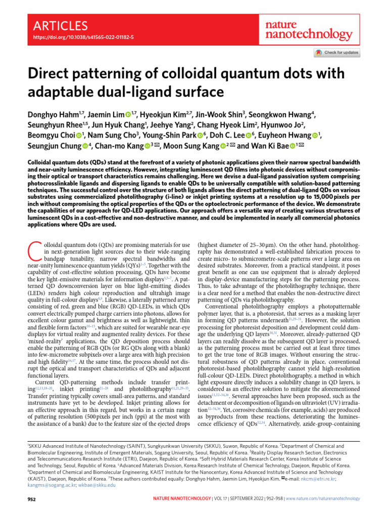Direct Patterning of Colloidal Quantum Dots With Adaptable Dual-Ligand Surface | PDF ...