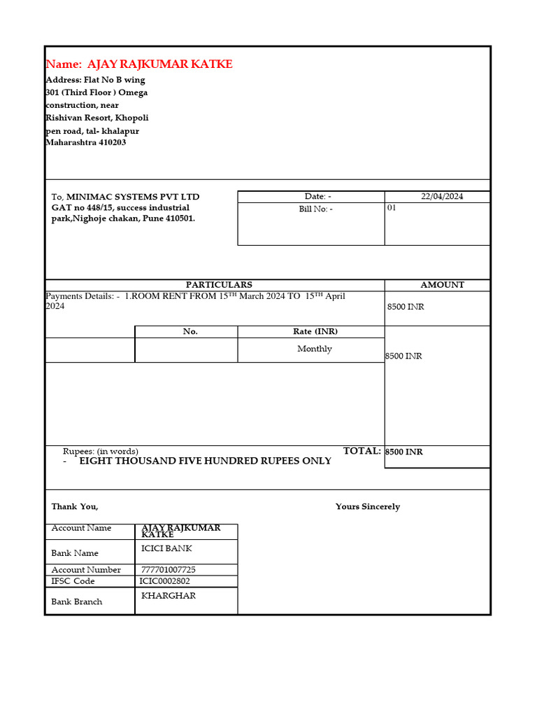 Room Rent Invoice for April 2024 | PDF