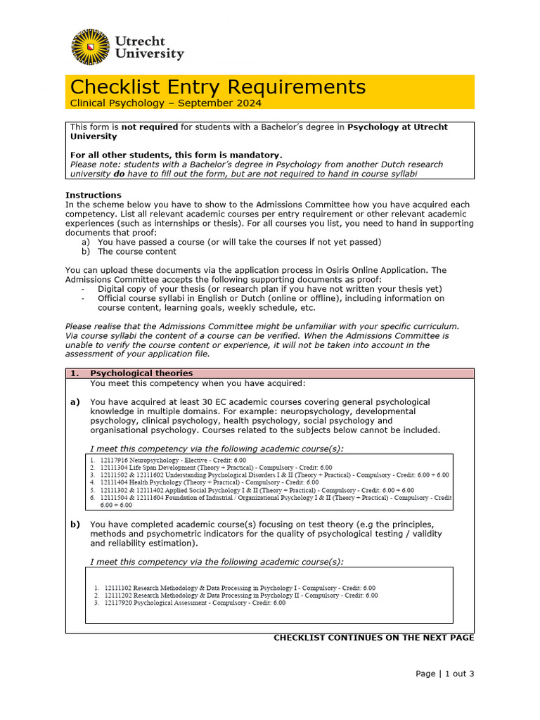CP - Checklist Entry Requirements 2024-2025 | PDF | Psychology | Mental Disorder