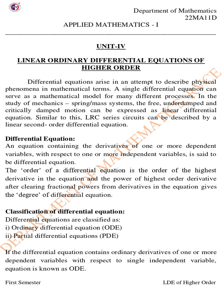 UNIT-V - Linear ODE of Higher Order | PDF | Differential Equations | Ordinary Differential Equation