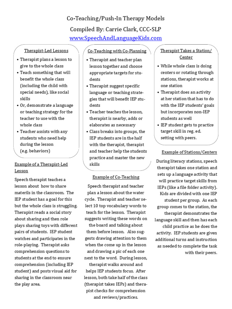 Co Teaching and Push in Therapy Models Handout | PDF | Individualized ...