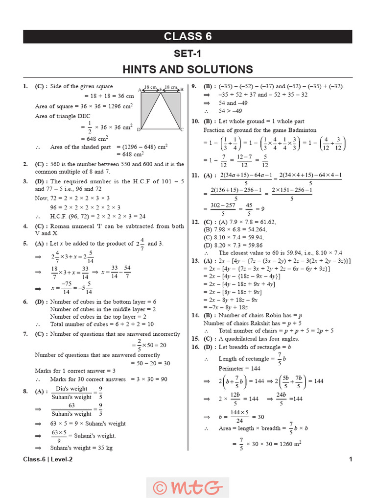 Imo Level2 Solution Class 6 Set 1 | PDF | Area | Rectangle