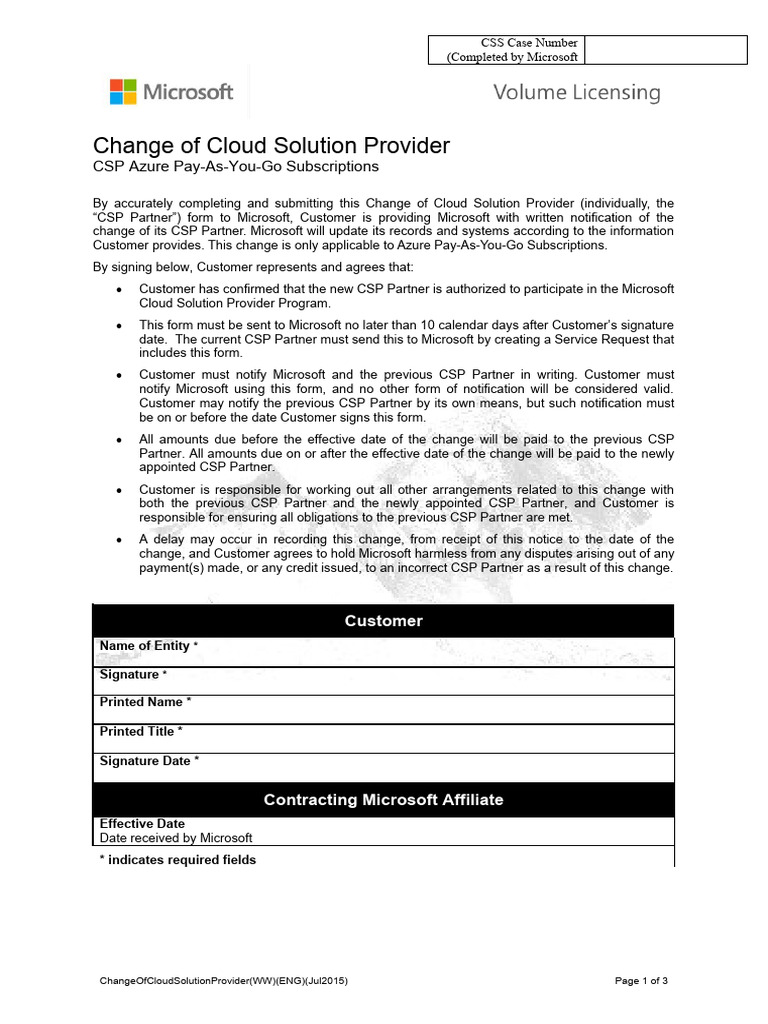 CSP Subscription Transfer Form Azure | PDF | Microsoft Azure | Microsoft