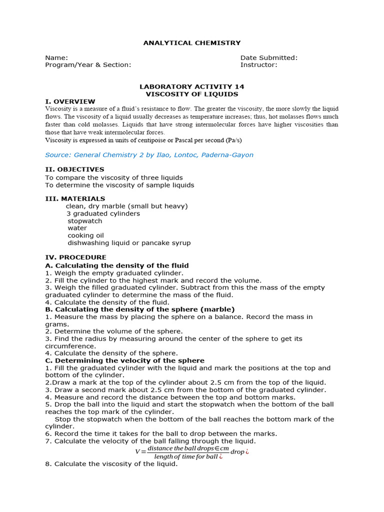 Analytical Chemistry Expt 14 | PDF | Viscosity | Liquids