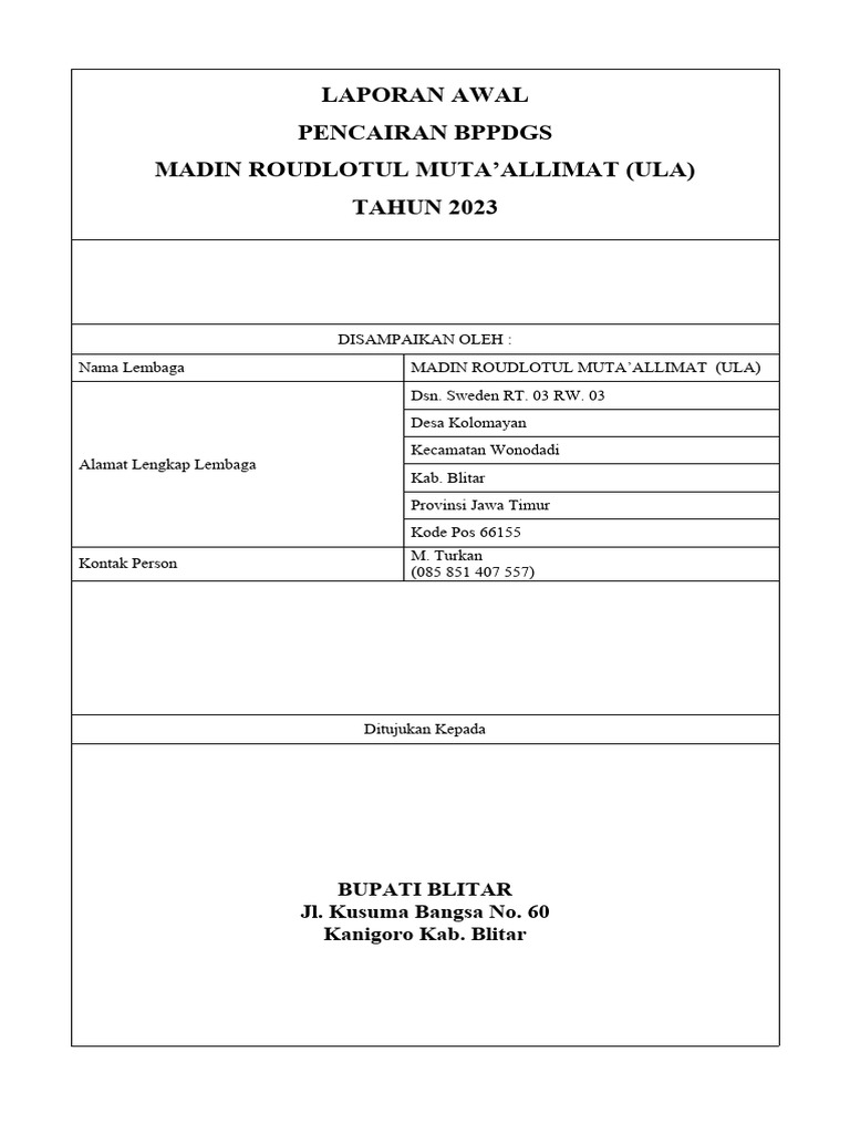Laporan Awal Madn Roudlotul Mutaallimat 2019 | PDF