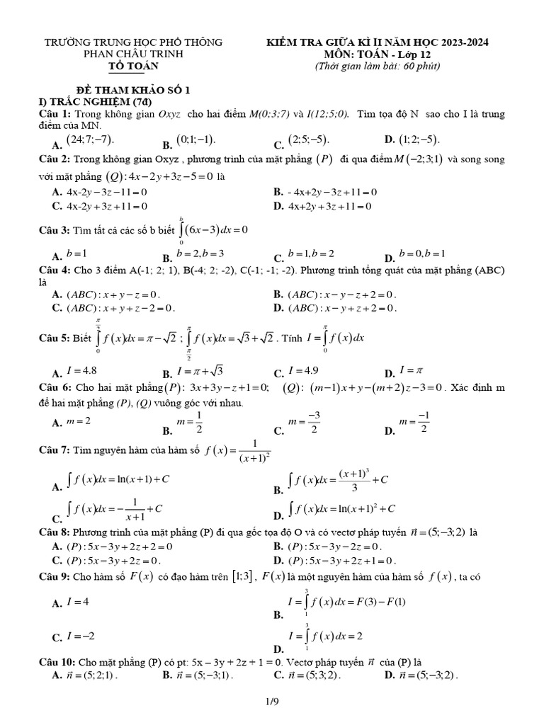 On Tap Kiem Tra Giua Ky II Toan 12 | PDF