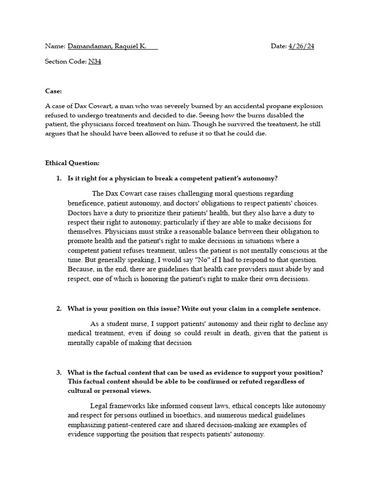 BIOETHICS ASSIGNMENT Raquiel | PDF | Autonomy | Informed Consent
