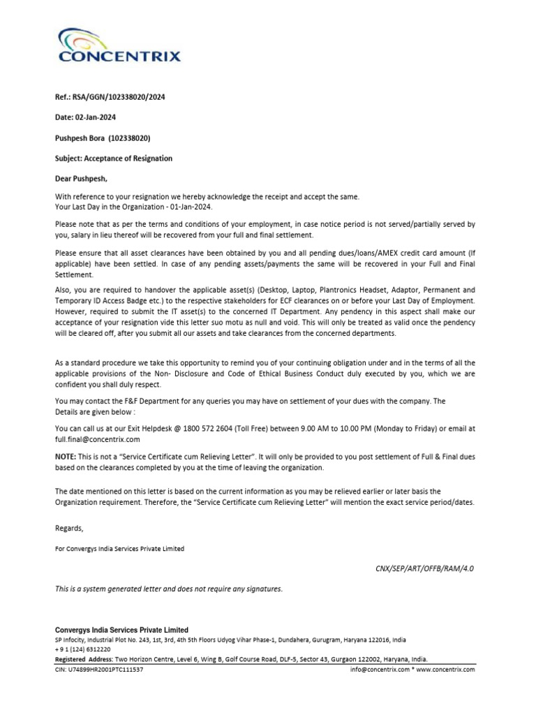 CNX/SEP/ART/OFFB/RAM/4.0: For Convergys India Services Private Limited | PDF | Finance & Money ...