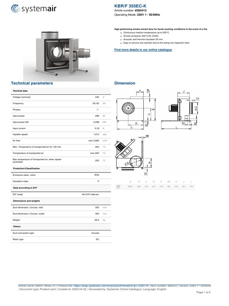 Systemair KBR - F 355EC-K | PDF | Duct (Flow) | Mains Electricity