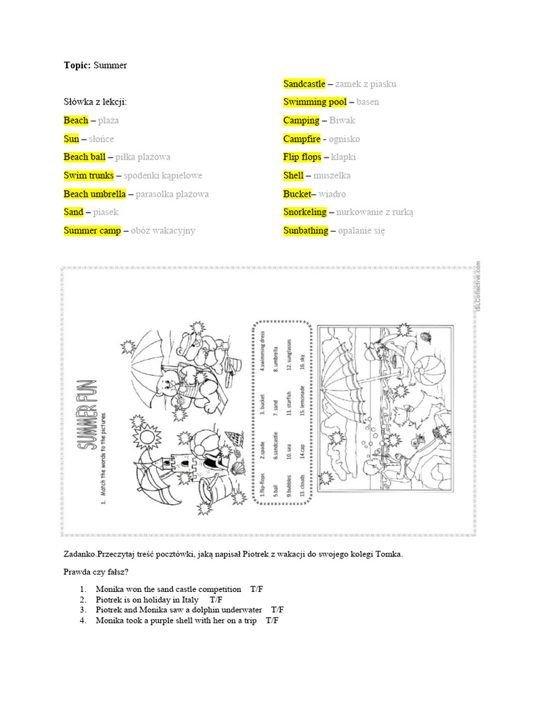 Lekcja Na Angielski - Summer Vacation | PDF