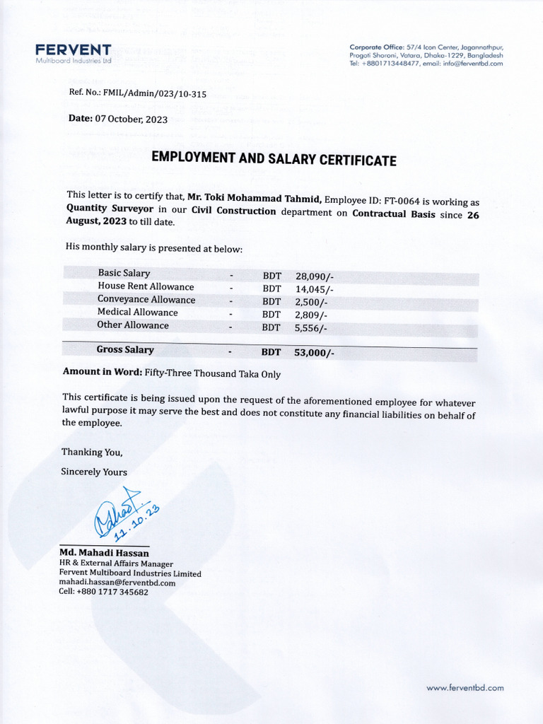 FMIL Salary & Experience Certificate | PDF