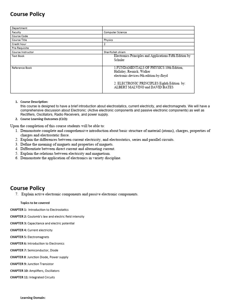 Physics - Course Policy | PDF | Electronics | Diode