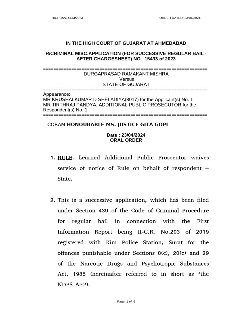Durgaprasad Ramakant Mishra Vs State of Gujarat - Advocate K D Sheladiya | PDF | Bail ...
