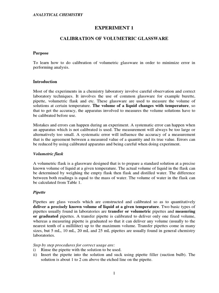 Experiment 1: Calibration of Volumetric Glassware | PDF | Volume ...