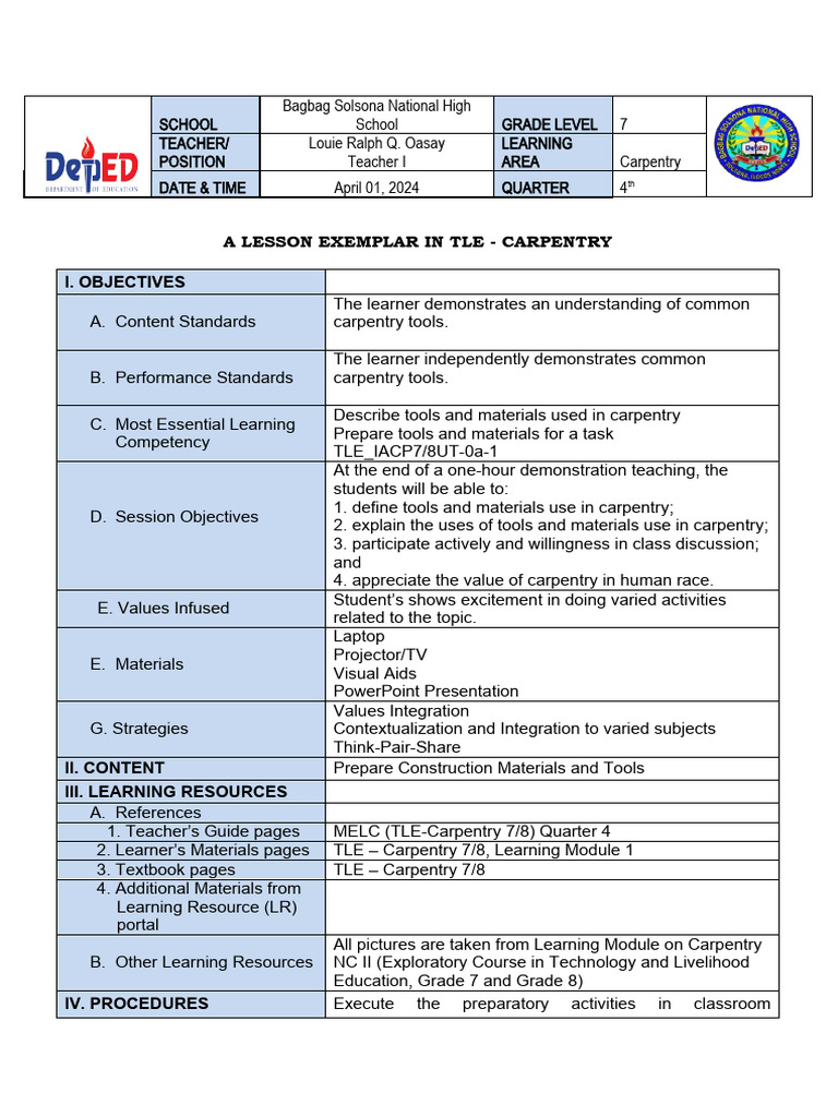 LESSON EXEMPLAR G7 | PDF | Carpentry | Learning