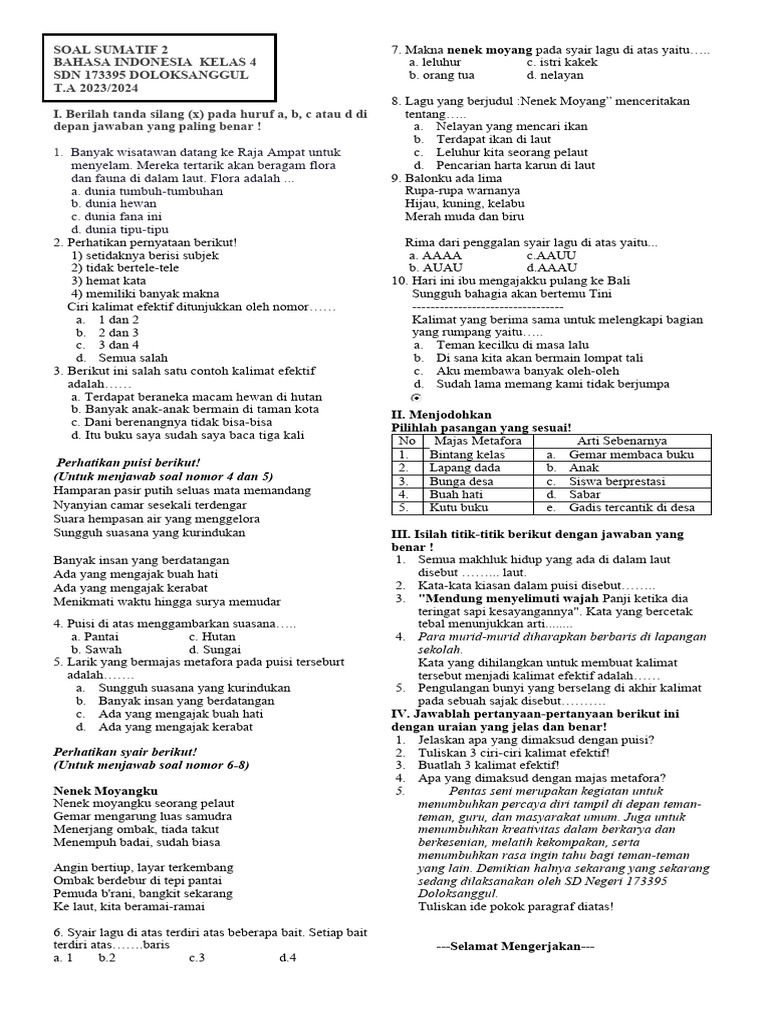 SOAL SUMATIF 2 Bahasa Indonesia Semester Genap | PDF | Seni & Disiplin Bahasa | Seni