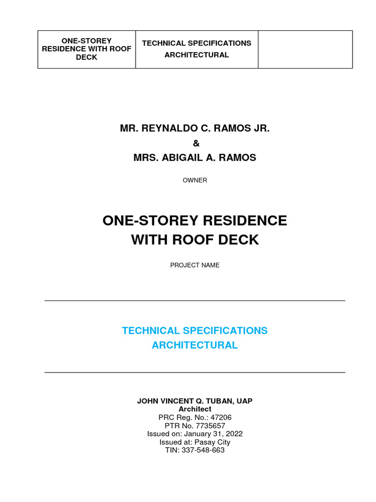 Architectural Technical Specification - One-Storey Residence With Roof ...