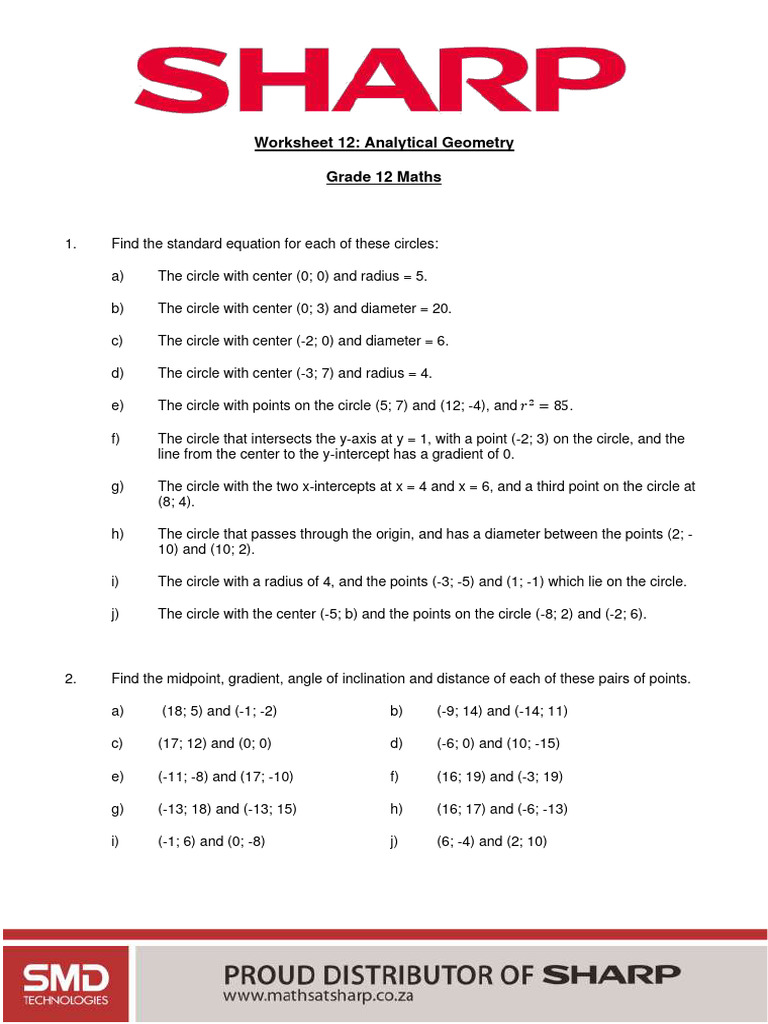 Worksheet 12 Analytical Geometry | PDF | Circle | Tangent