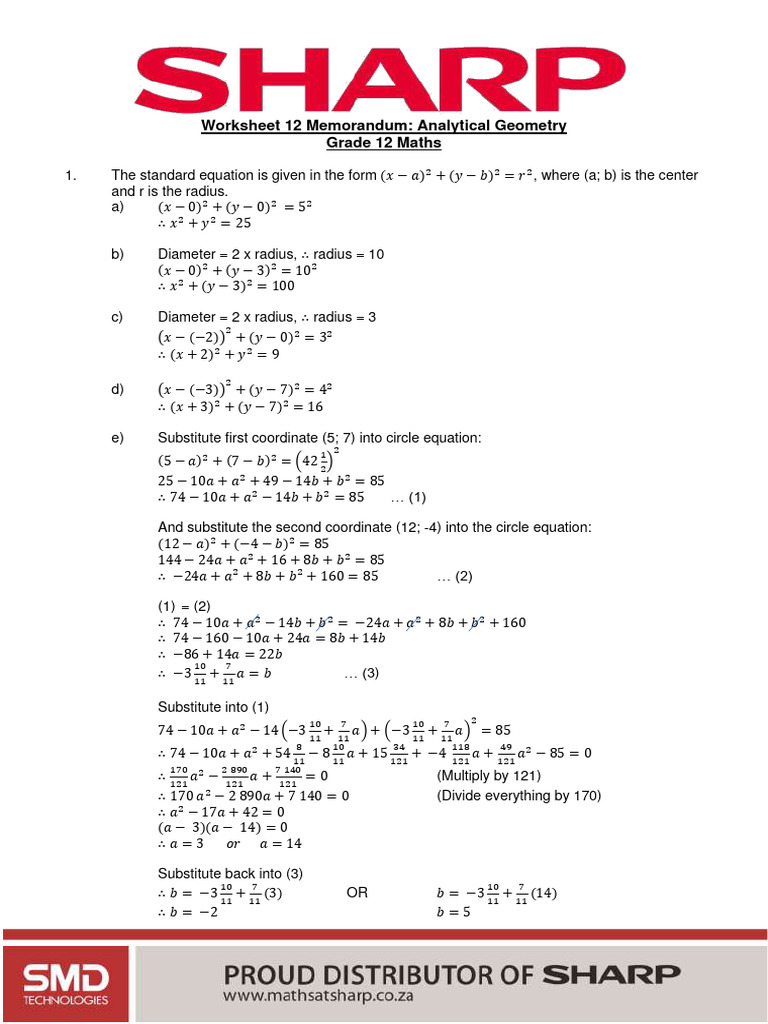 Worksheet 12 Memorandom Analytical Geometry | PDF | Circle | Gradient