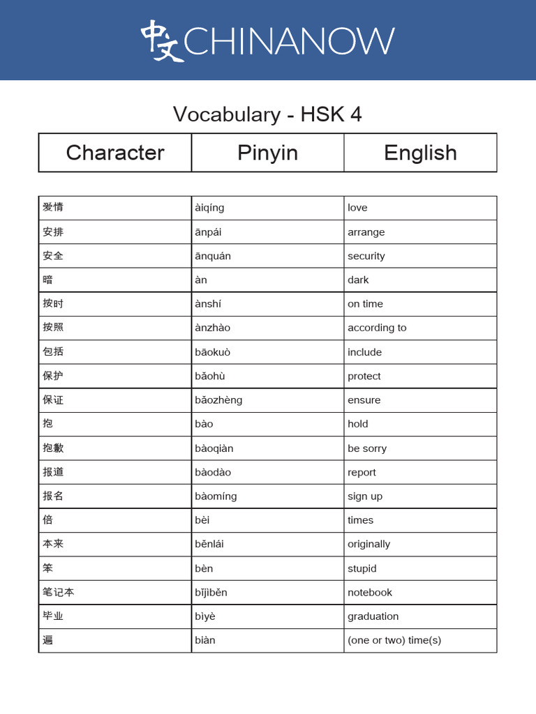 HSK Level 4 Vocabulary List | PDF