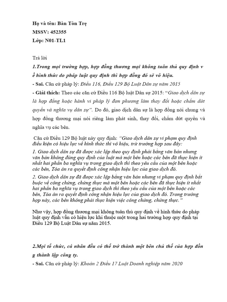 BTCN Môn Hợp Đồng Trong Hoạt Động Thương Mại-Bàn Tòn Trẹ-452355 | PDF