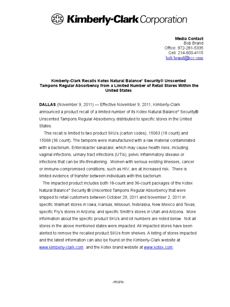 Kotex Voluntary Recall Press Release | PDF | Public Health | Health ...