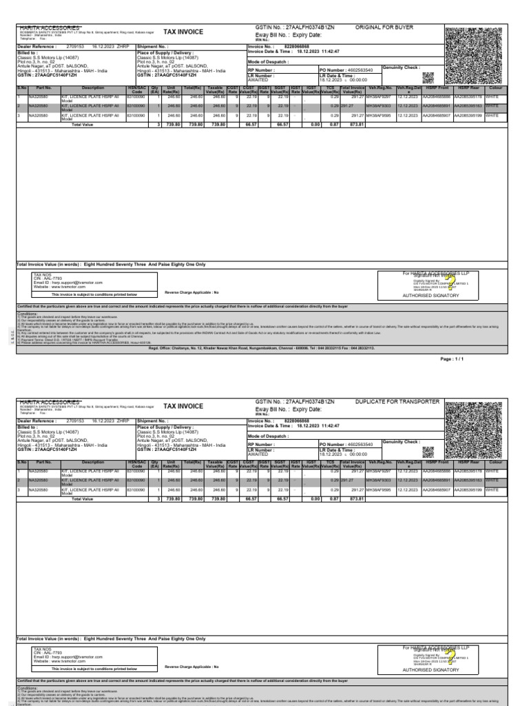 Tax Invoice: Harita Accessories GSTIN No.: 27AALFH0374B1ZN Eway Bill No ...