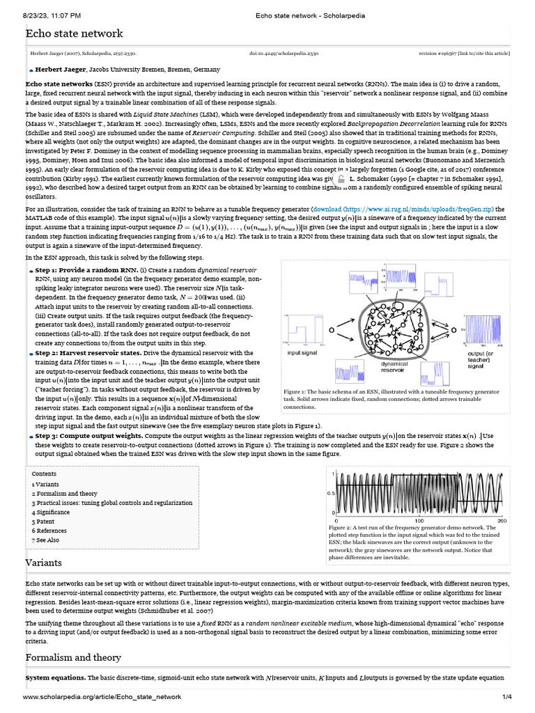 Echo State Network Scholarpedia Pdf Applied Mathematics