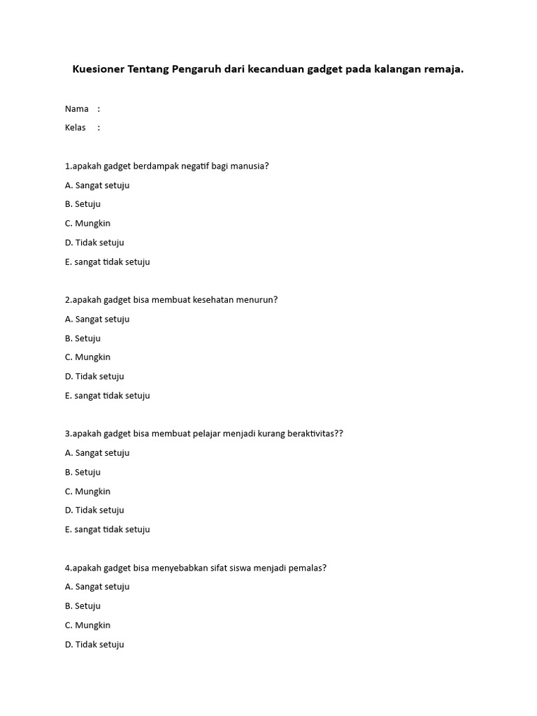 Kuesioner Tentang Pengaruh Dari Kecanduan Gadget Pada Kalangan Remaja | PDF