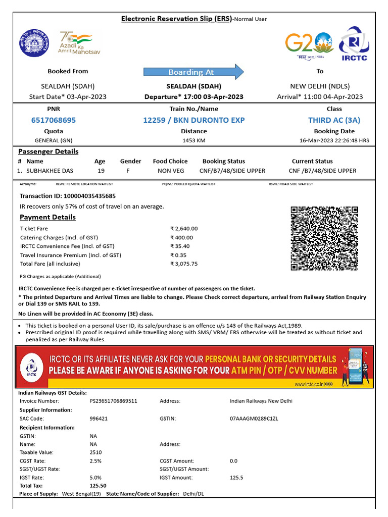 BKN Duronto Exp Third Ac (3A) | PDF | Identity Document | Qr Code