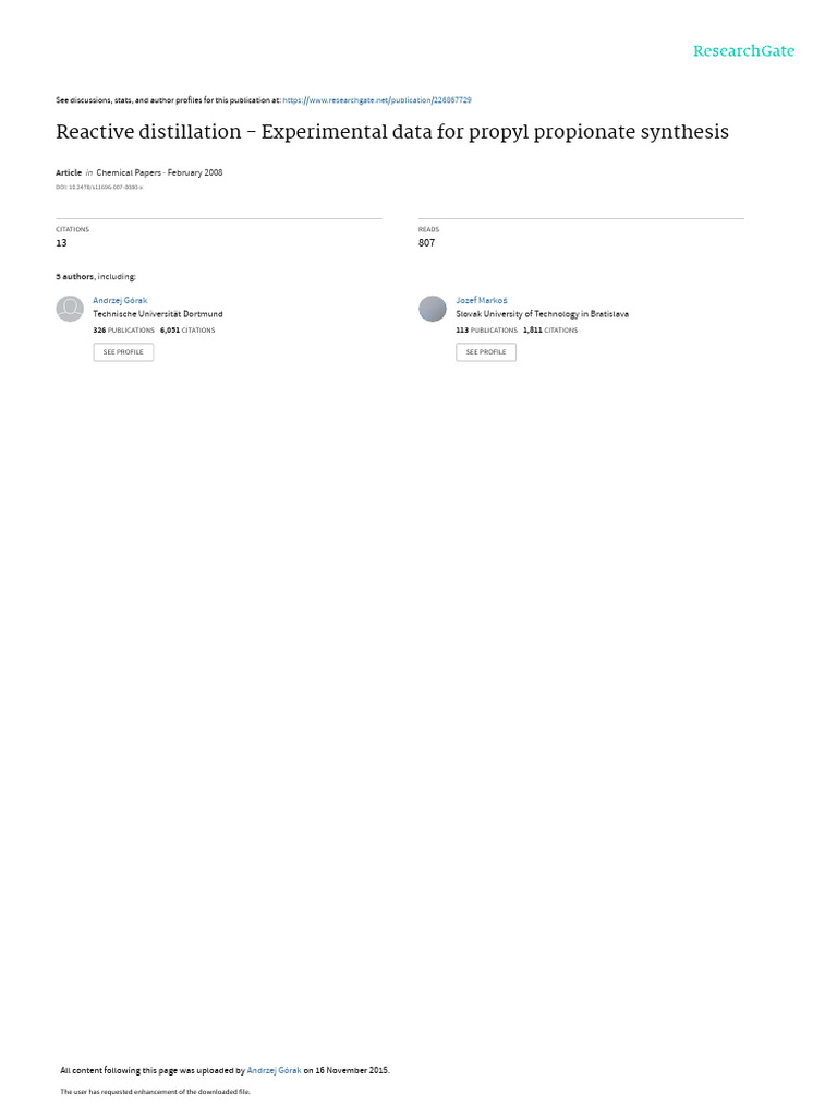 Reactive Distillation - Experimental Data For Prop 2 | PDF | Distillation | Catalysis