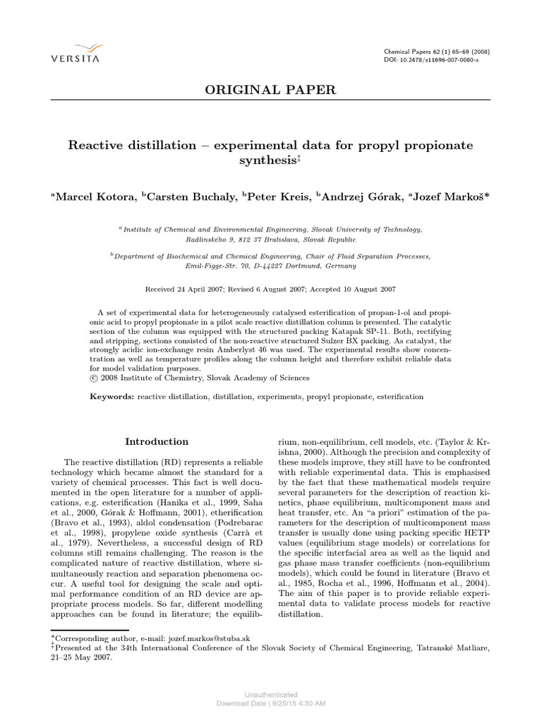 Reactive Distillation Experimental Data For Prop Pdf Distillation Catalysis