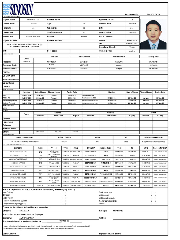 Sinosin Cv | PDF | Ships | Water Transport