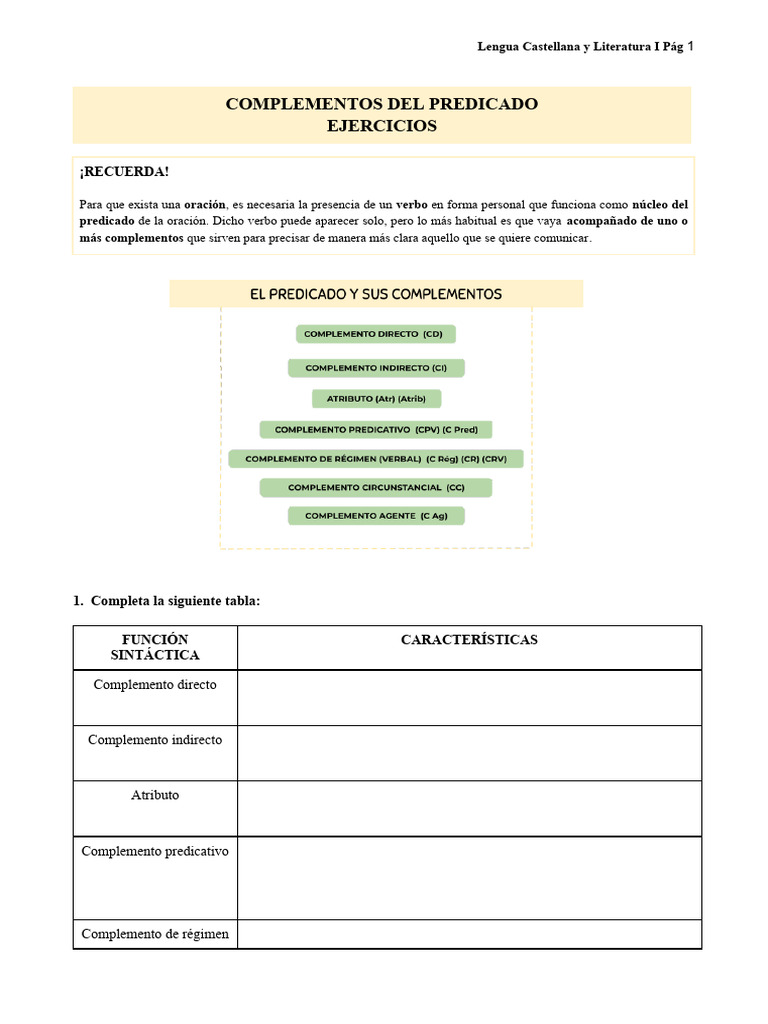Complementos Del Predicado_actividades | PDF | Predicado (Gramática) | Verbo