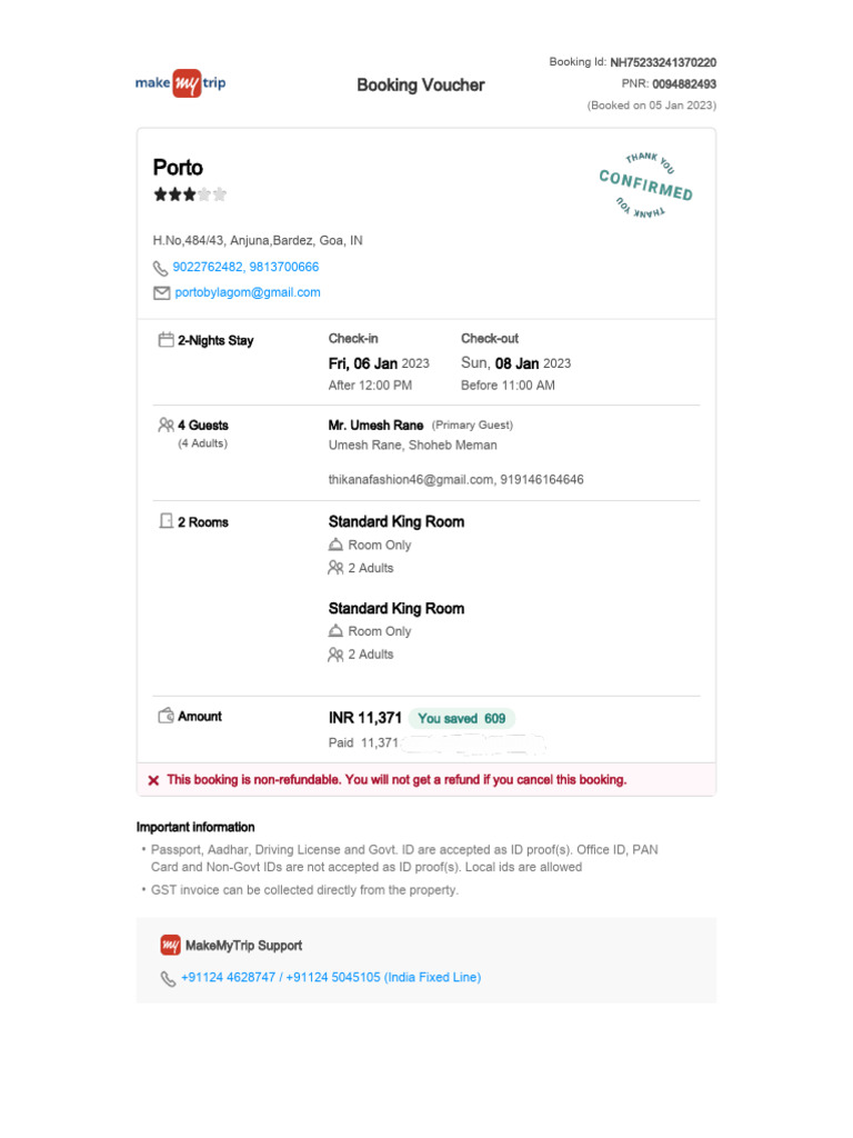 Booking Confirmation Voucher Details | PDF