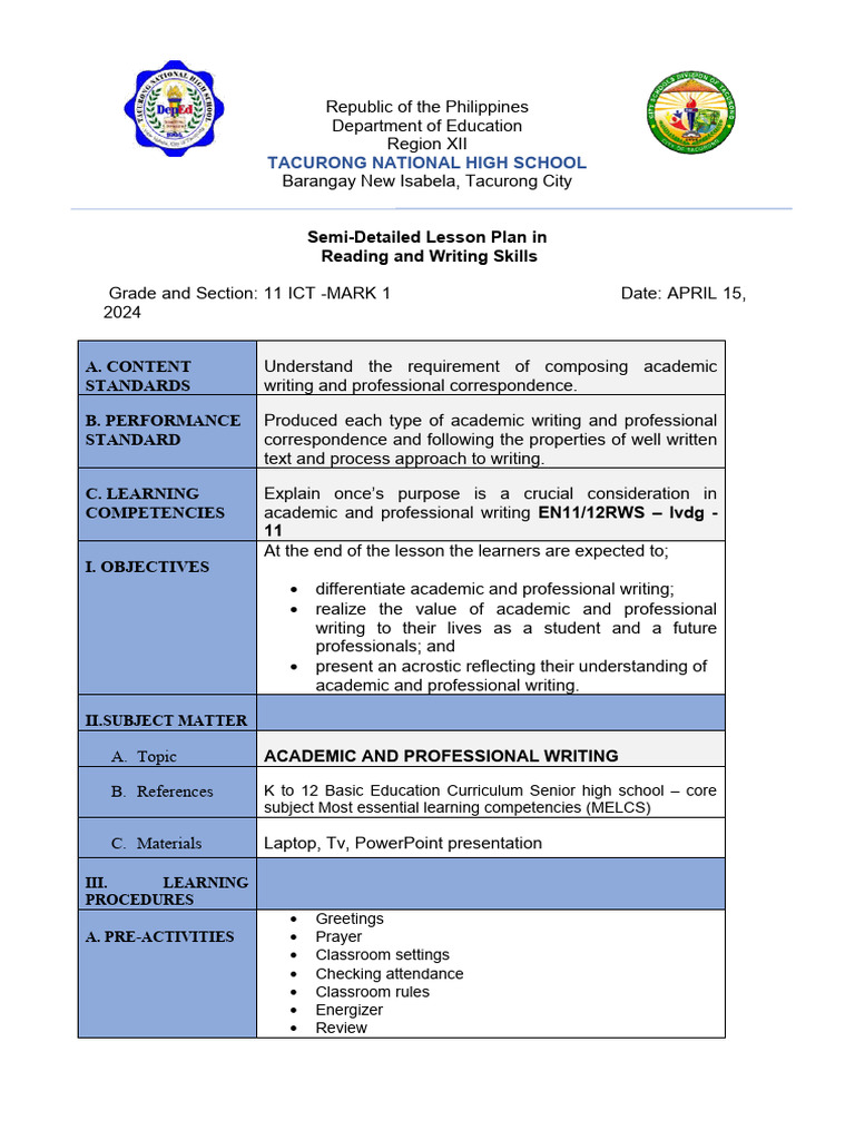 Academic vs. Professional Writing Plan | PDF | Lesson Plan | Human ...